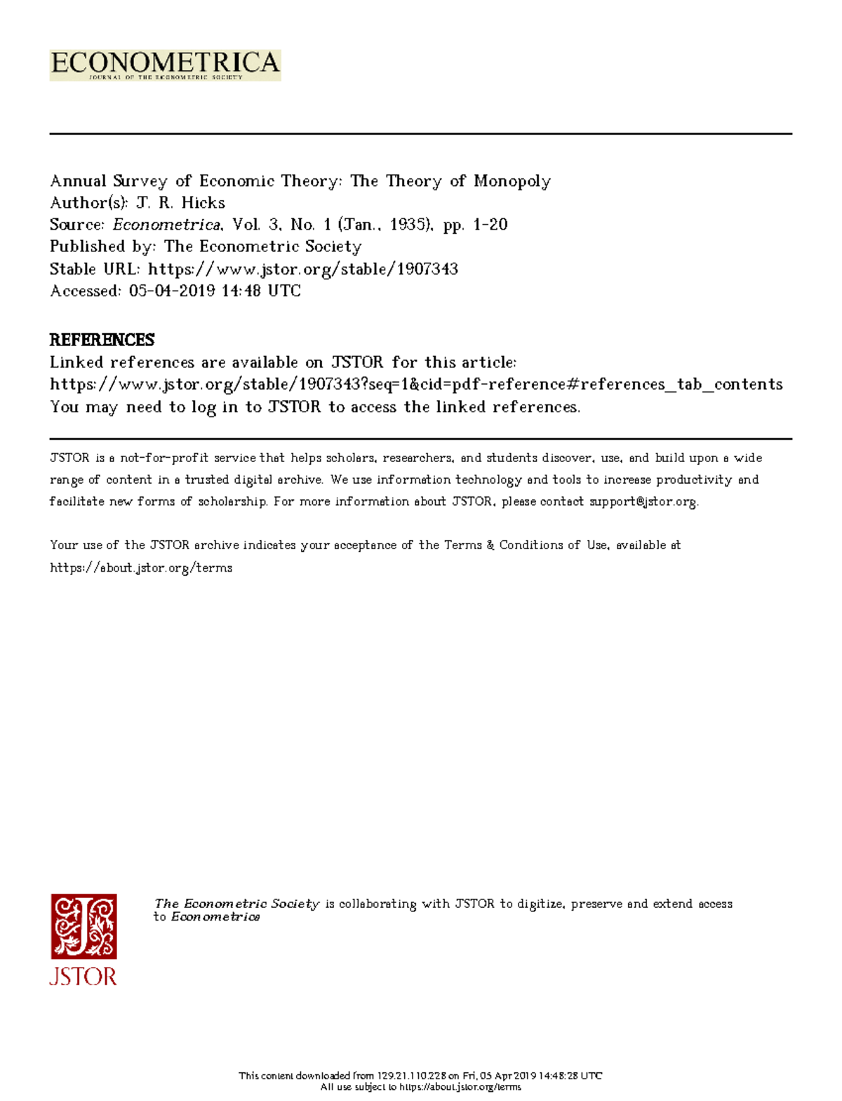 HICKS 1935: Economic Theory of Monopoly - Comprehensive Notes - Studocu