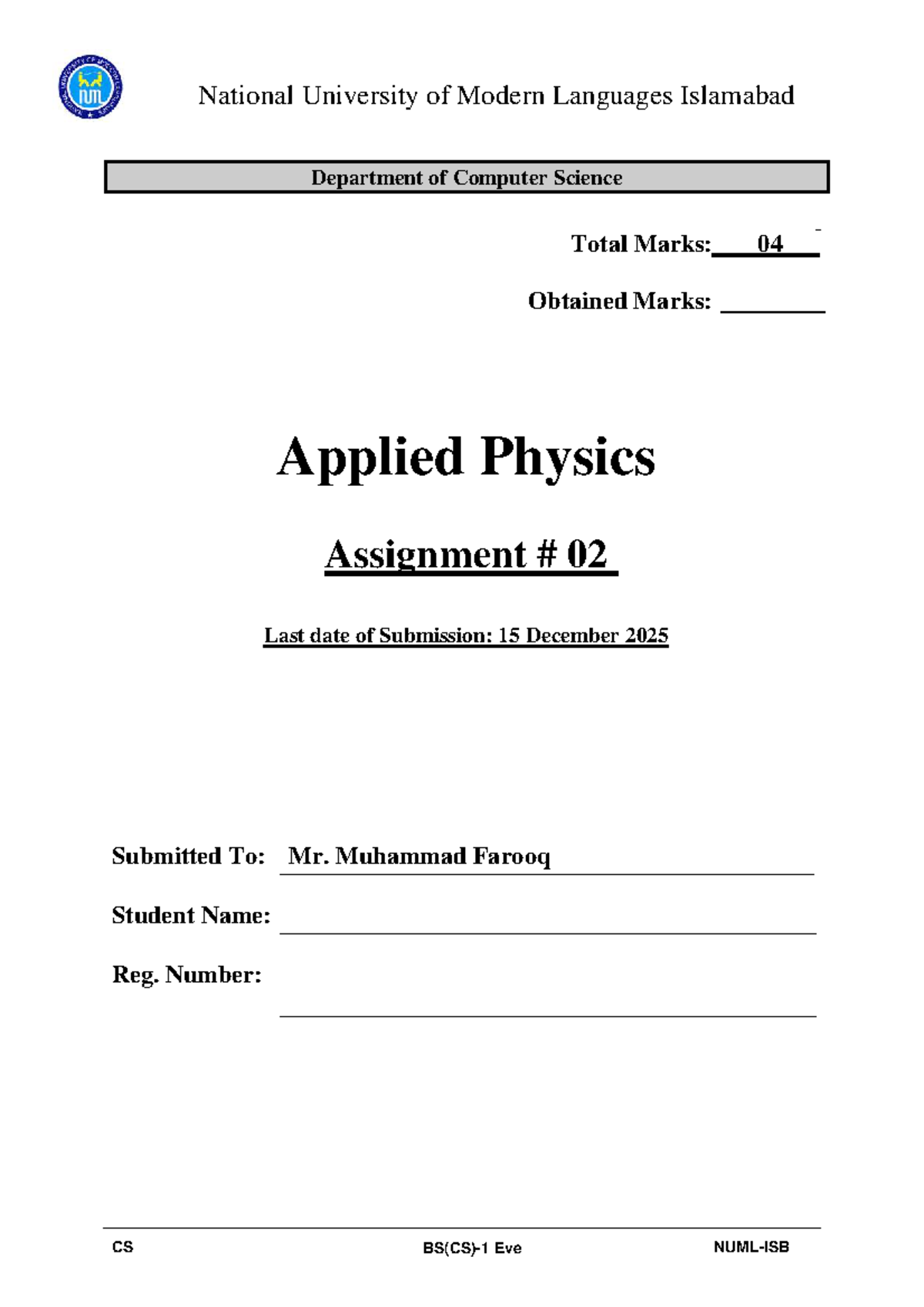 Assignment 2 - Applied Physics - CS BS(CS)-1 Eve NUML-ISB N National ...