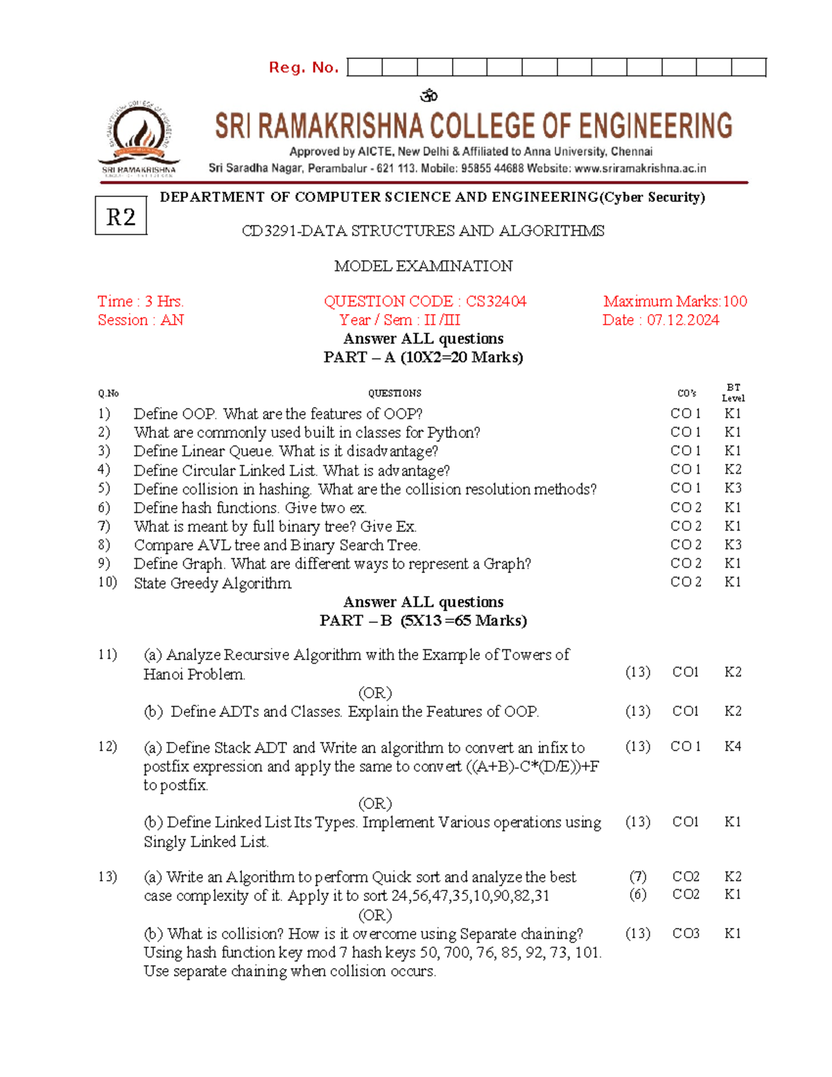 DSA-Model exam - AIDS - Reg. No. DEPARTMENT OF COMPUTER SCIENCE AND ...