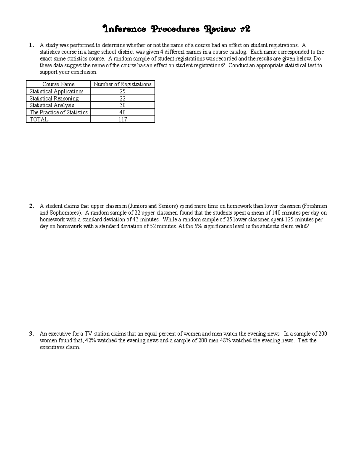 Inference Procedures Review #2 - Stats Homework Analysis - Studocu