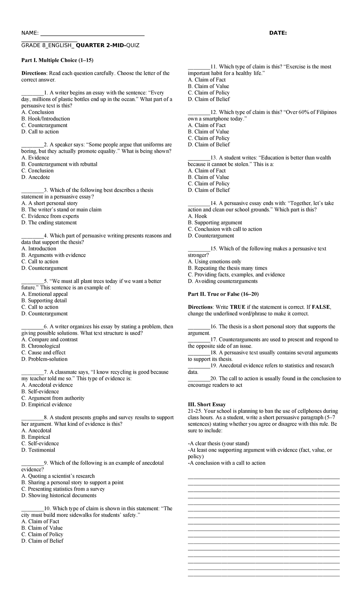 GR8 Q2-MID-QUIZ: Understanding Persuasive Writing Techniques - Studocu