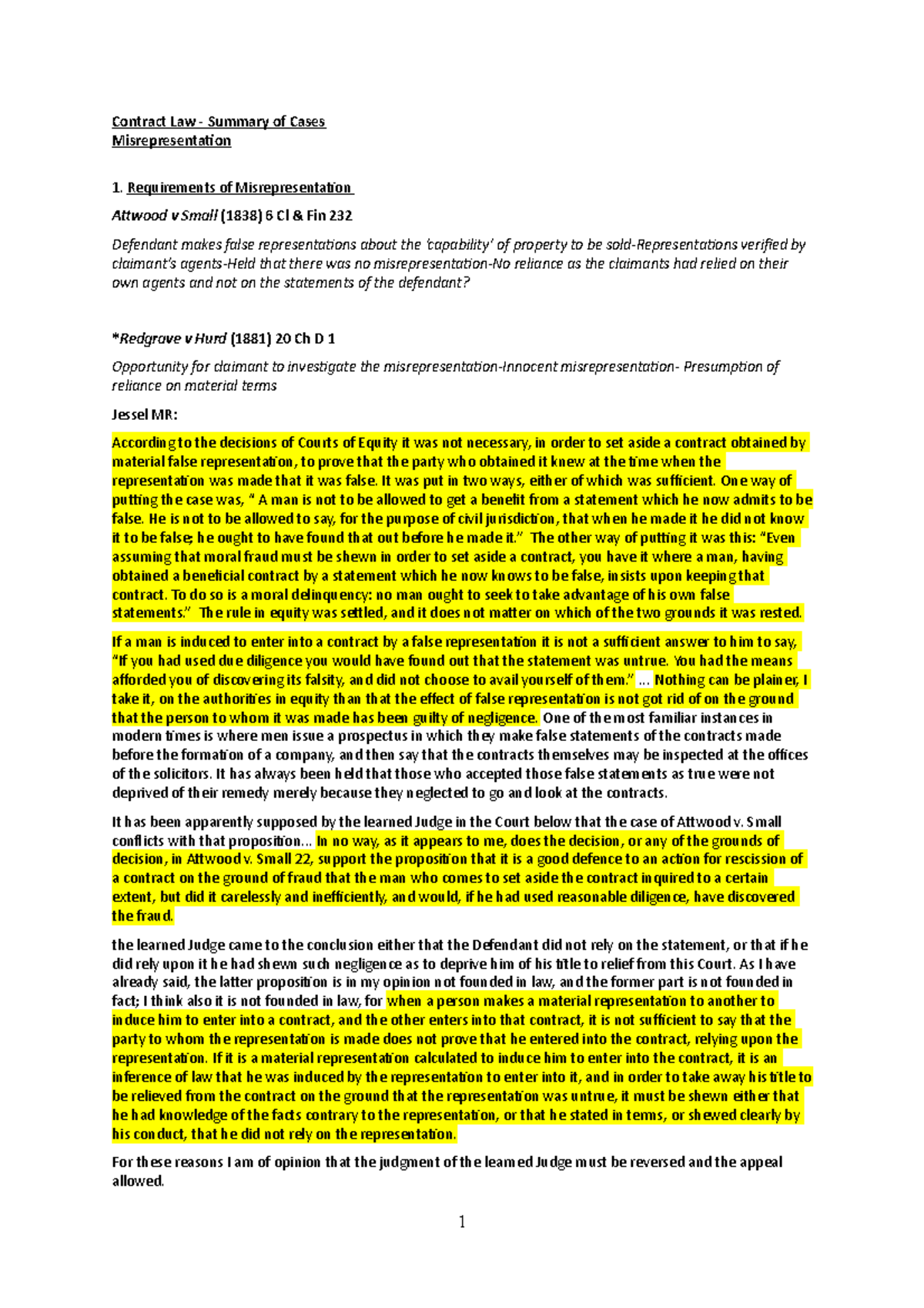 Summary of Cases - Misrepresentation in Contract Law (CL101) - Studocu