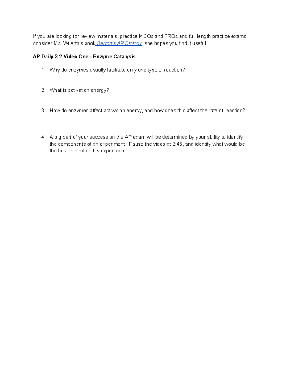 AP Biology: Enzyme Catalysis - AP Daily 3.2 Review Notes - Studocu