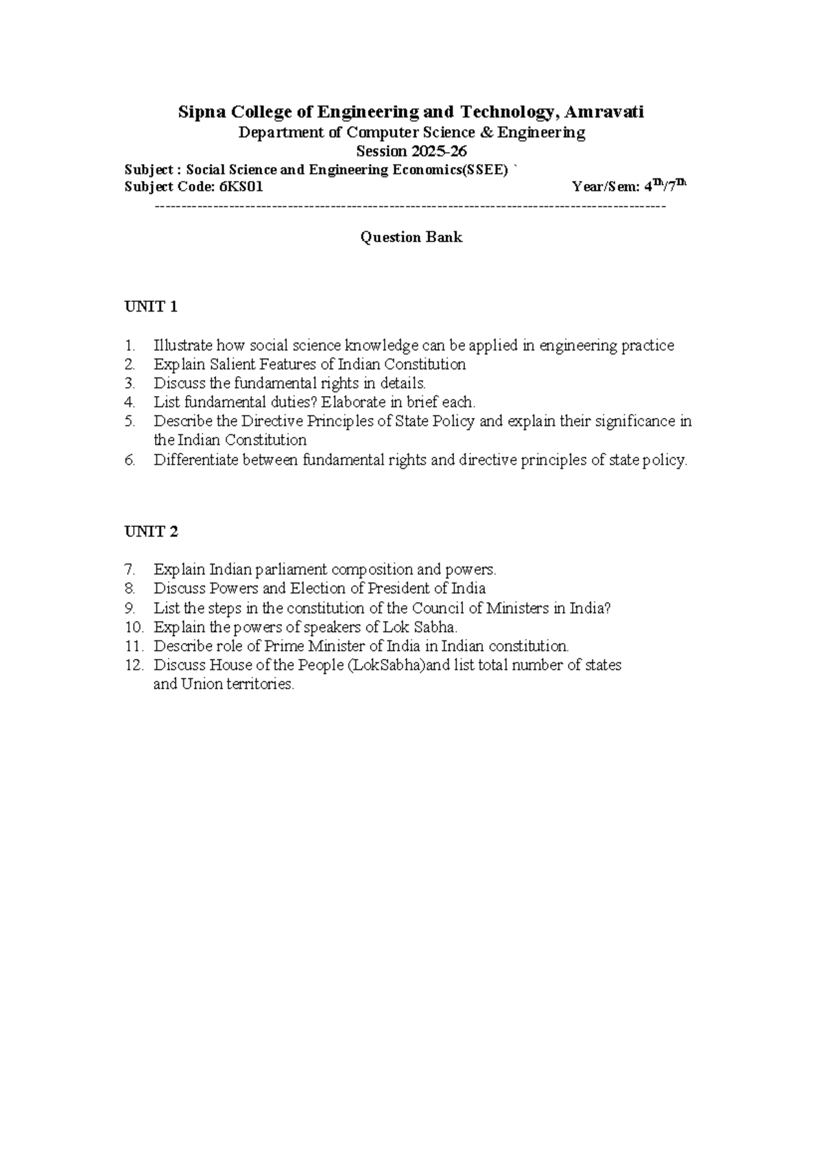 SSEE 6KS01 Sessional-1 Question Bank 2025-2026: Unit 1 & 2 - Studocu