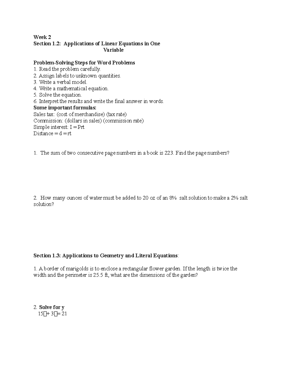 MATH 1100 - Chapter 1- Section 1 - Week 2 Section 1: Applications of ...