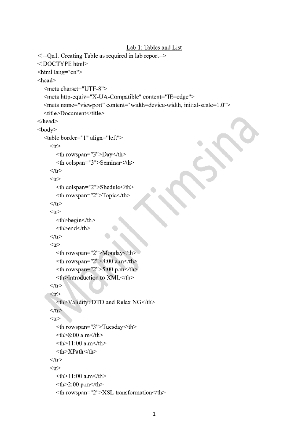 Lab 1: Creating Tables and Lists in HTML for DTD & Relax NG - Studocu
