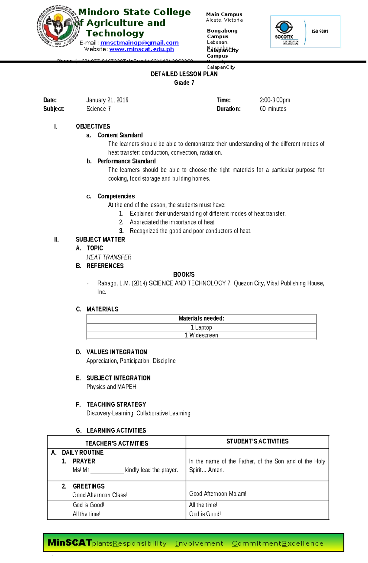 Detailed Lesson Plan on Heat Transfer for Grade 7 - DLP 2025 - Studocu