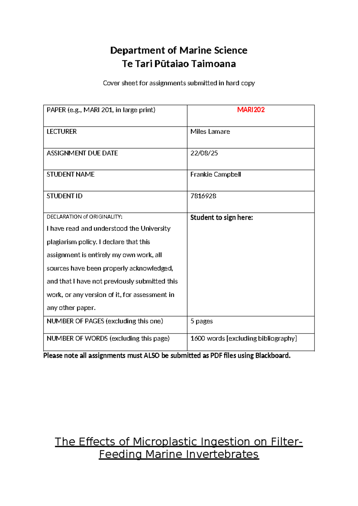 MARI202 Essay: Impacts of Microplastic Ingestion on Marine ...