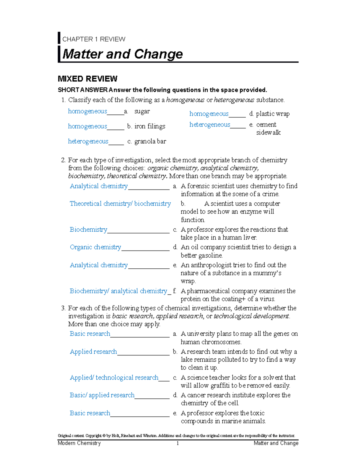 Modern Chemistry: Chapter 1 Review Guide for Students (Matter & Change ...