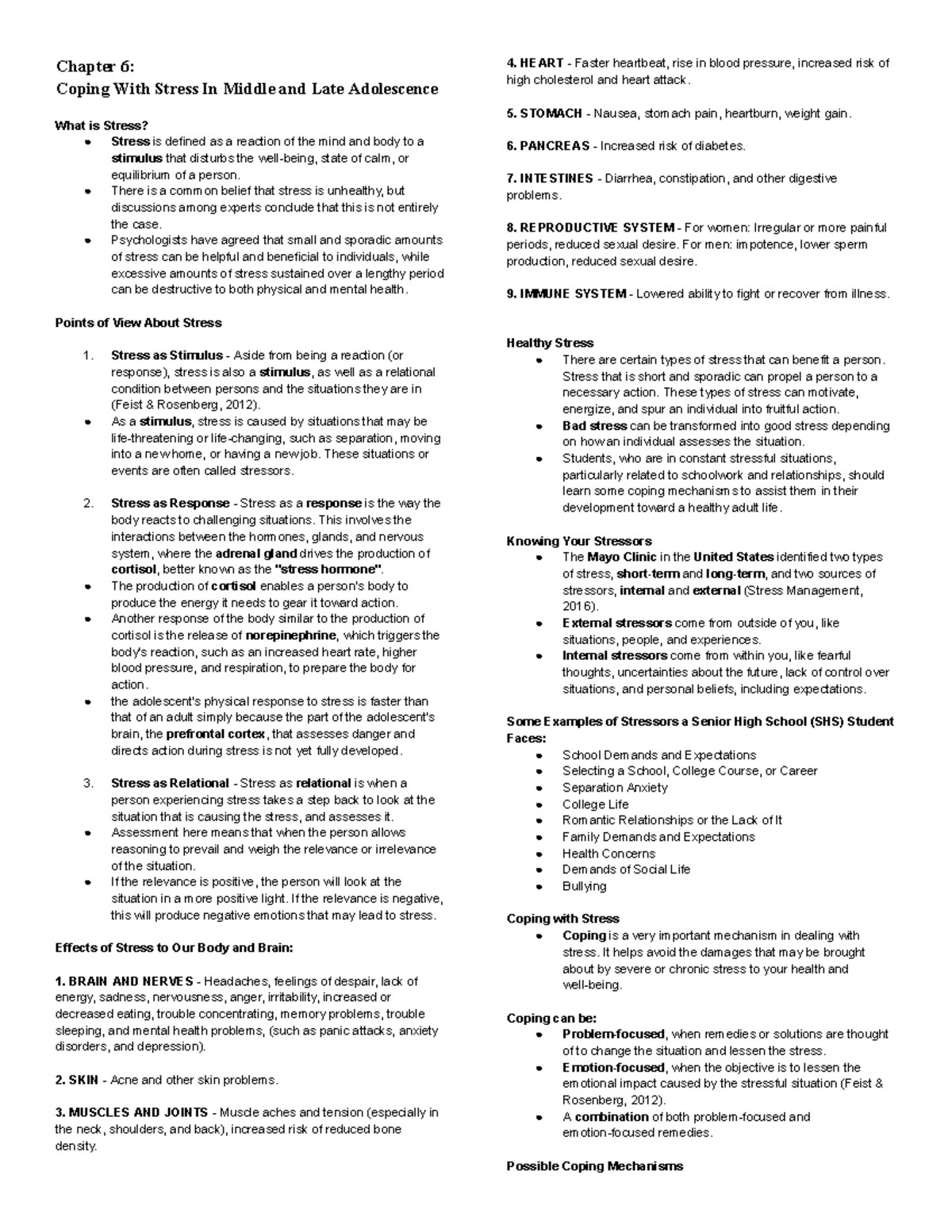 Chapter 6: Understanding and Coping with Stress in Adolescence - Studocu
