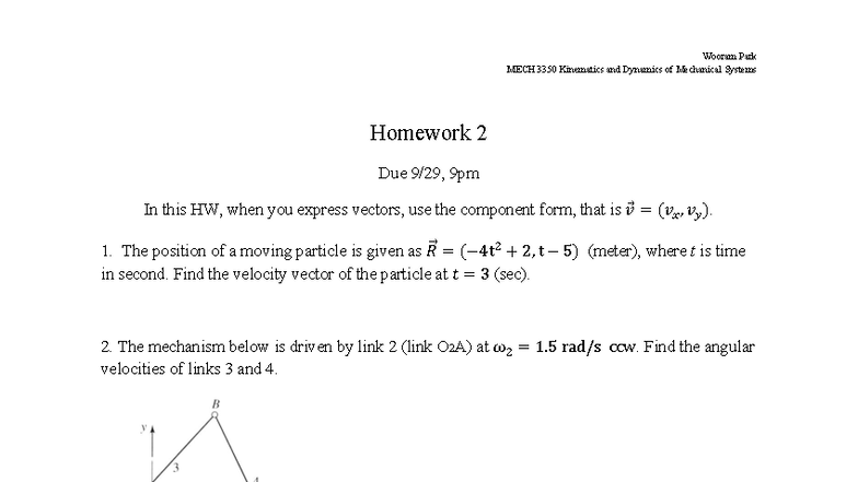 MECH 3350 Homework 2: Kinematics & Dynamics Problems - Studocu