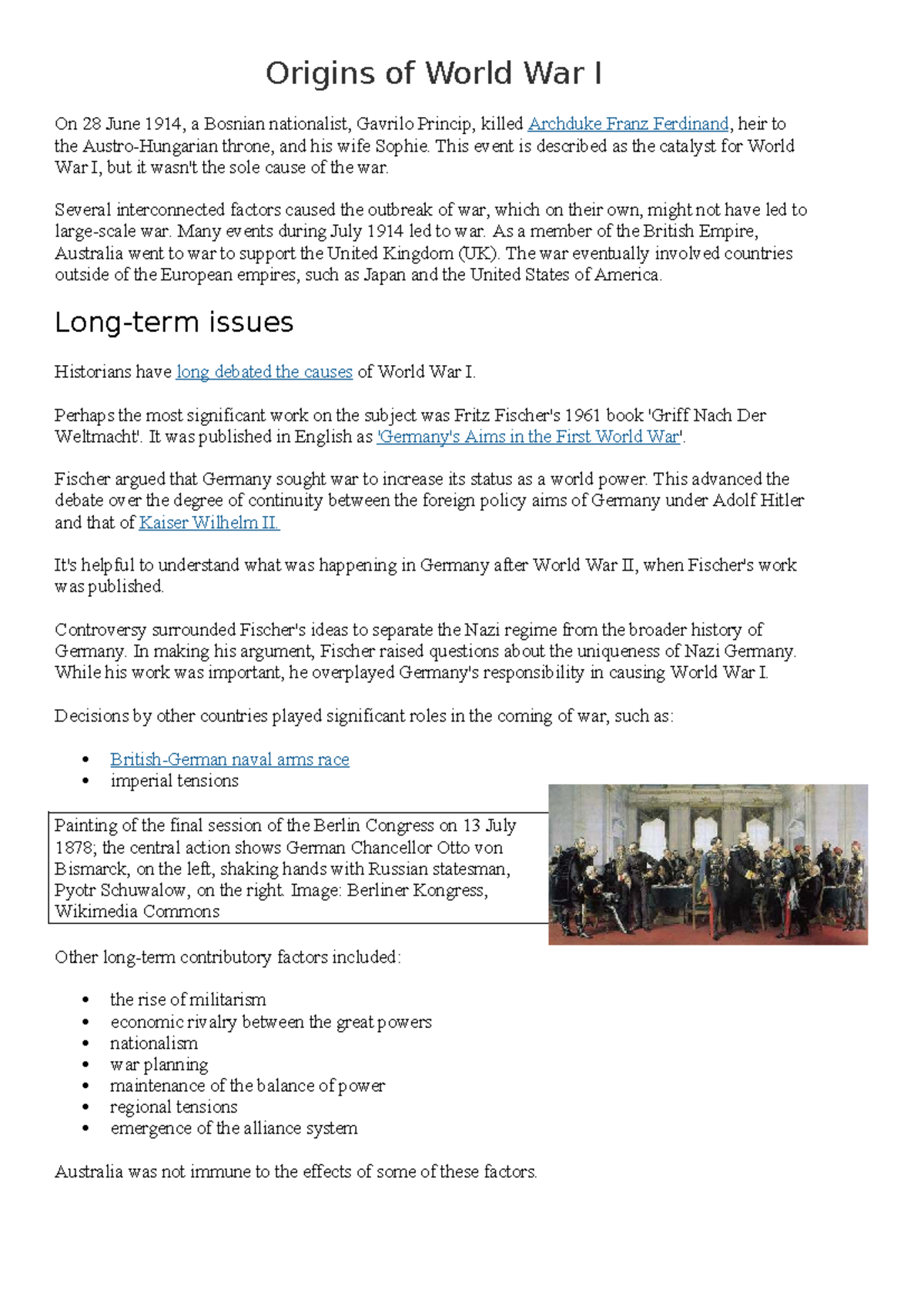 1. Extension Reading: Causes and Context of WWI Origins - Studocu