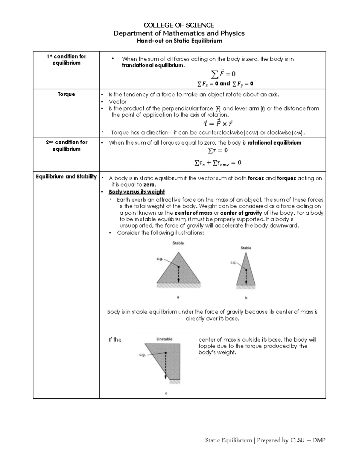 Static Equilibrium Concepts and Applications - BIO Handout - Studocu
