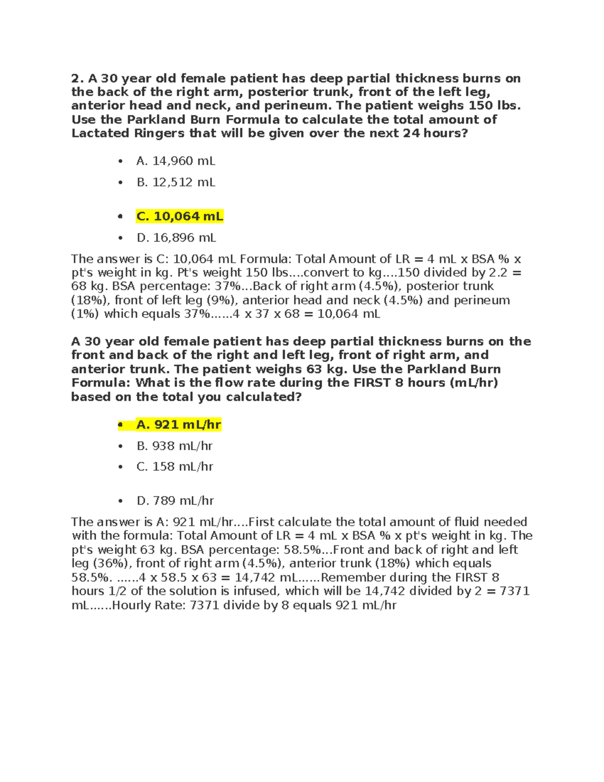 Parkland Burn Formula Application - Case Studies and Calculations - Studocu