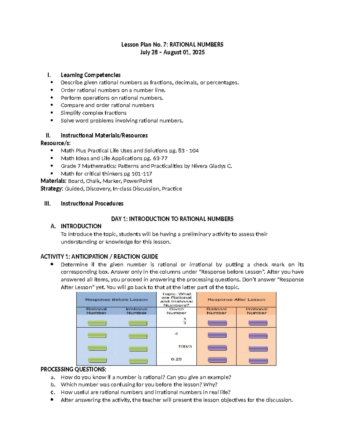 Lesson Plan No. 7: Rational Numbers for Grade 7 (NMP) - Studocu