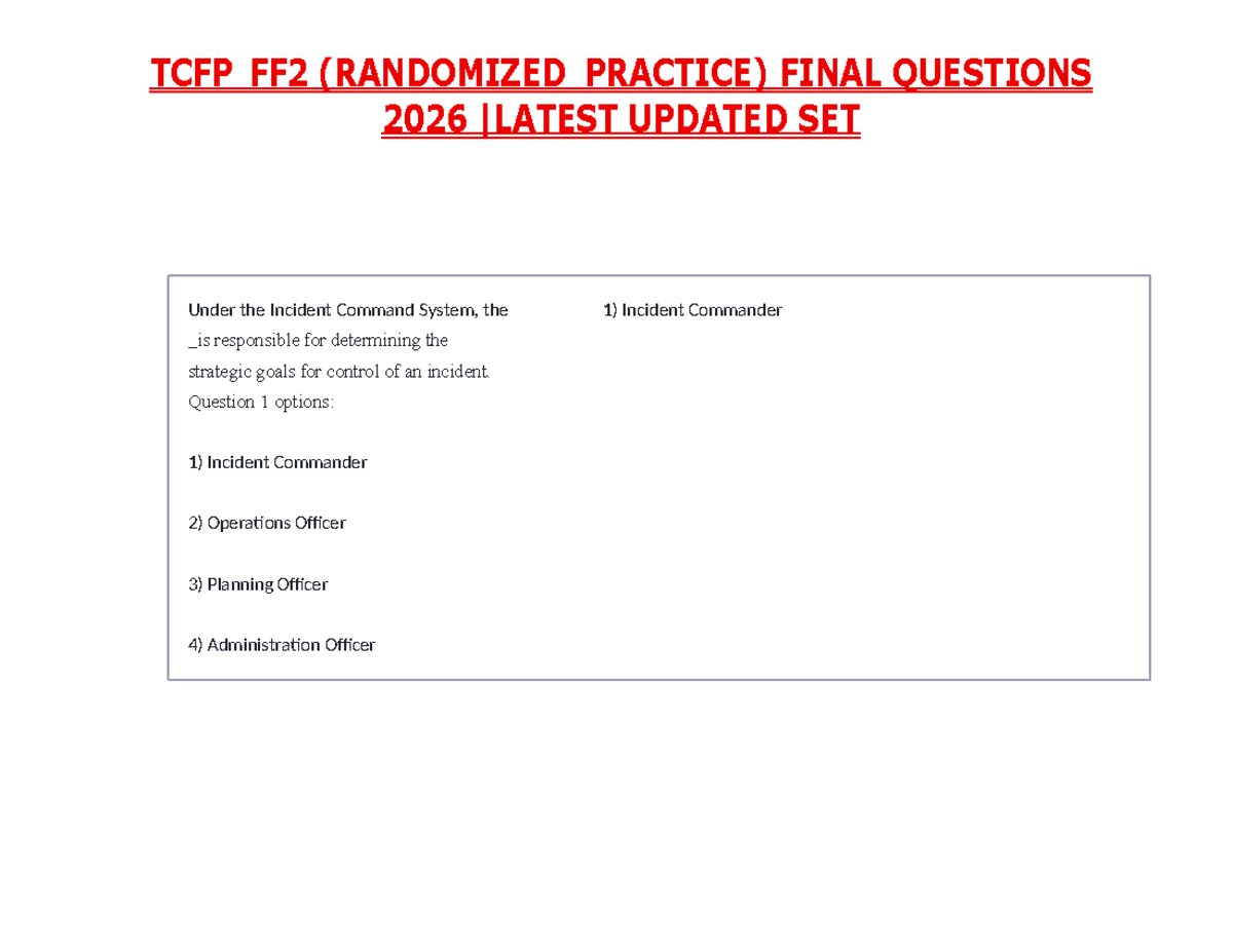 TCFP FF2 RANDOMIZED PRACTICE FINAL QUESTIONS 2026 SET - Studocu
