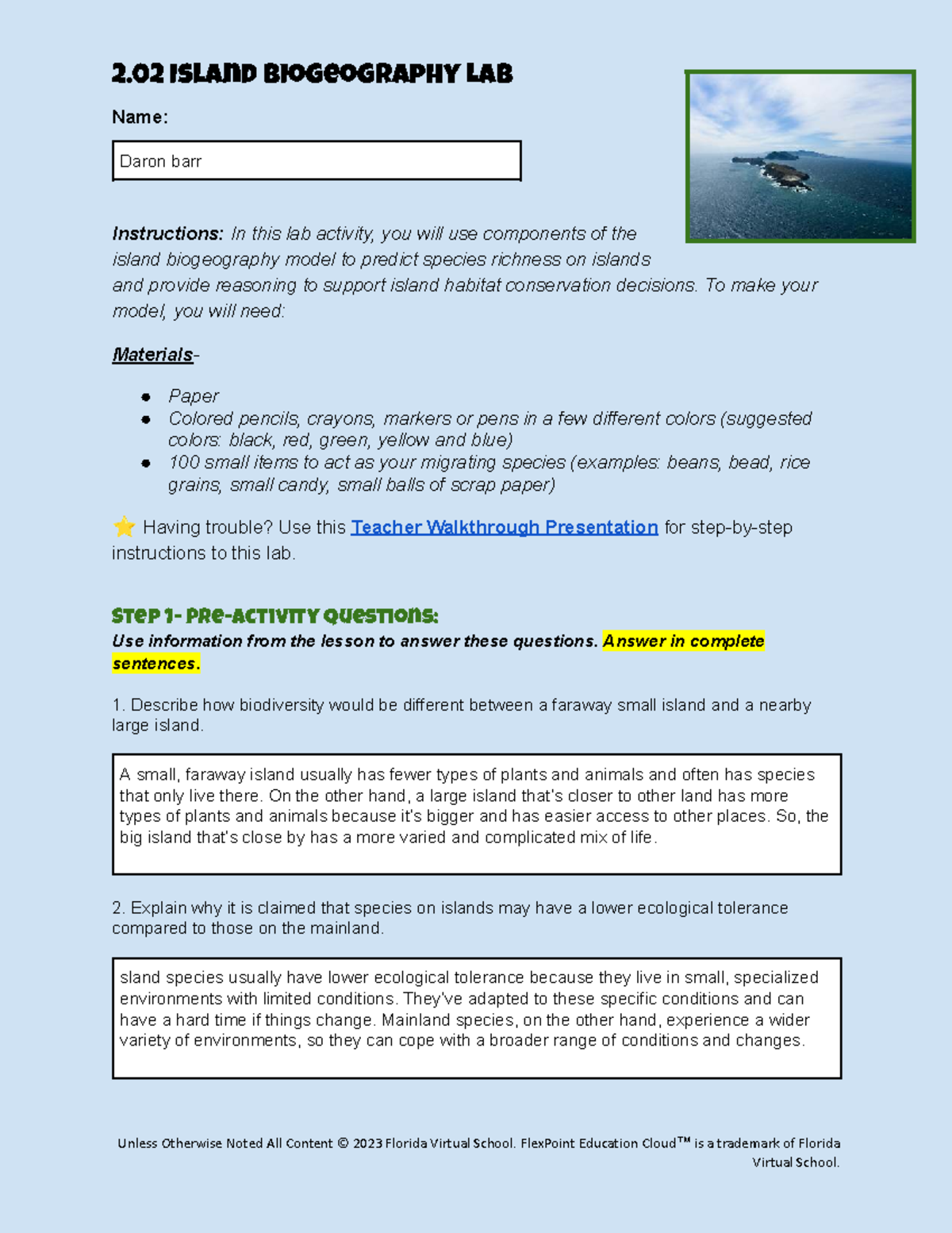 ES 2.02 Island Biogeography Lab: Predicting Species Richness and ...