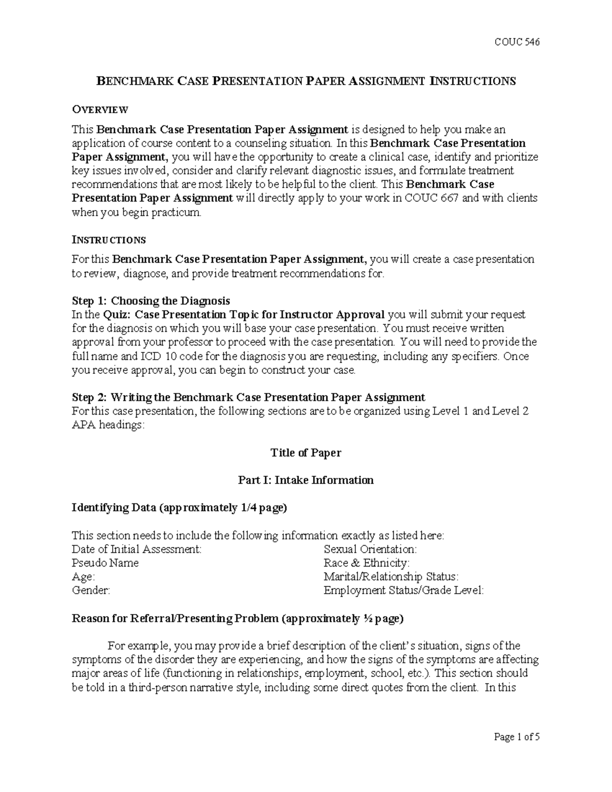COUC 546 Benchmark Case Presentation Paper Guidelines - Studocu