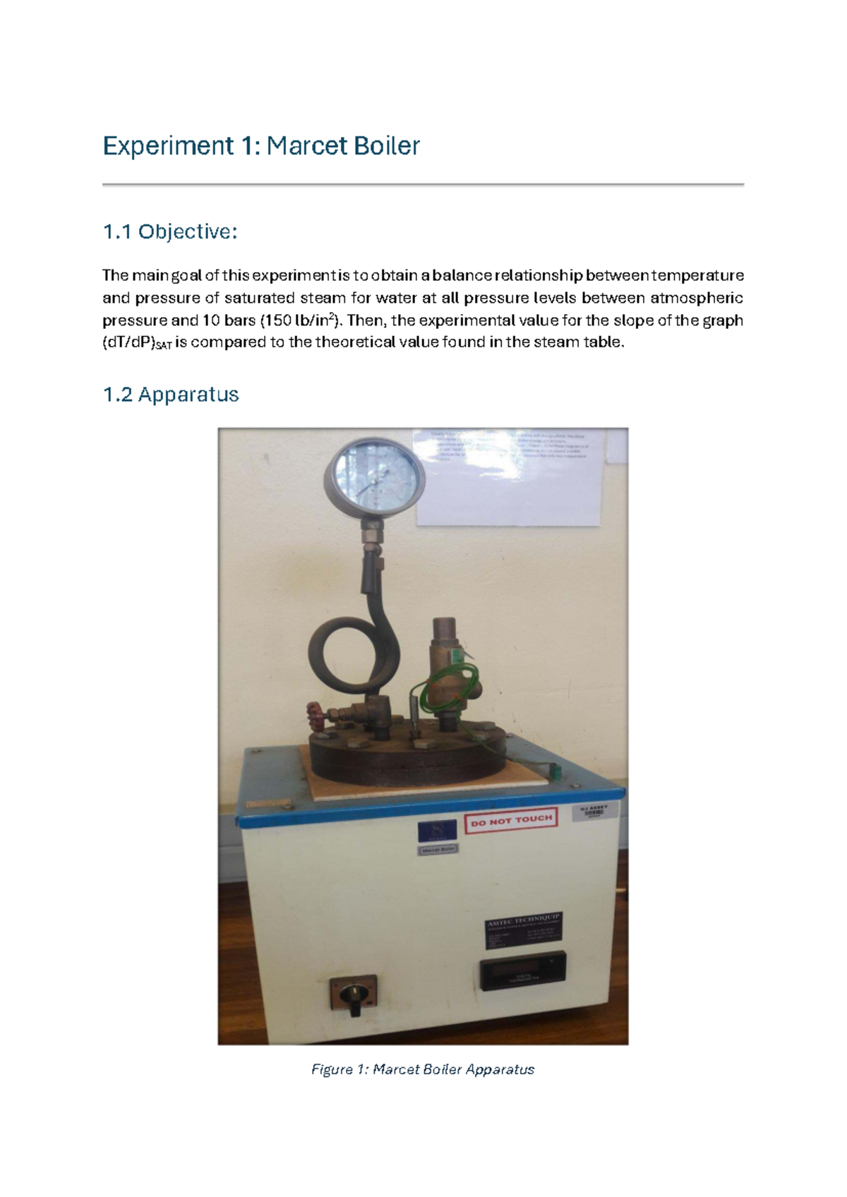 Experiment 1: Marcet Boiler - Thermodynamic Study of Steam Properties - Studocu