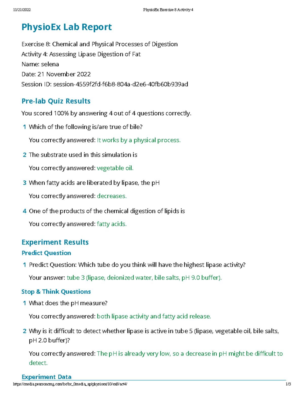 PhysioEx 10: Exercise 8 Activity 4 - Lipase Digestion Analysis - Studocu