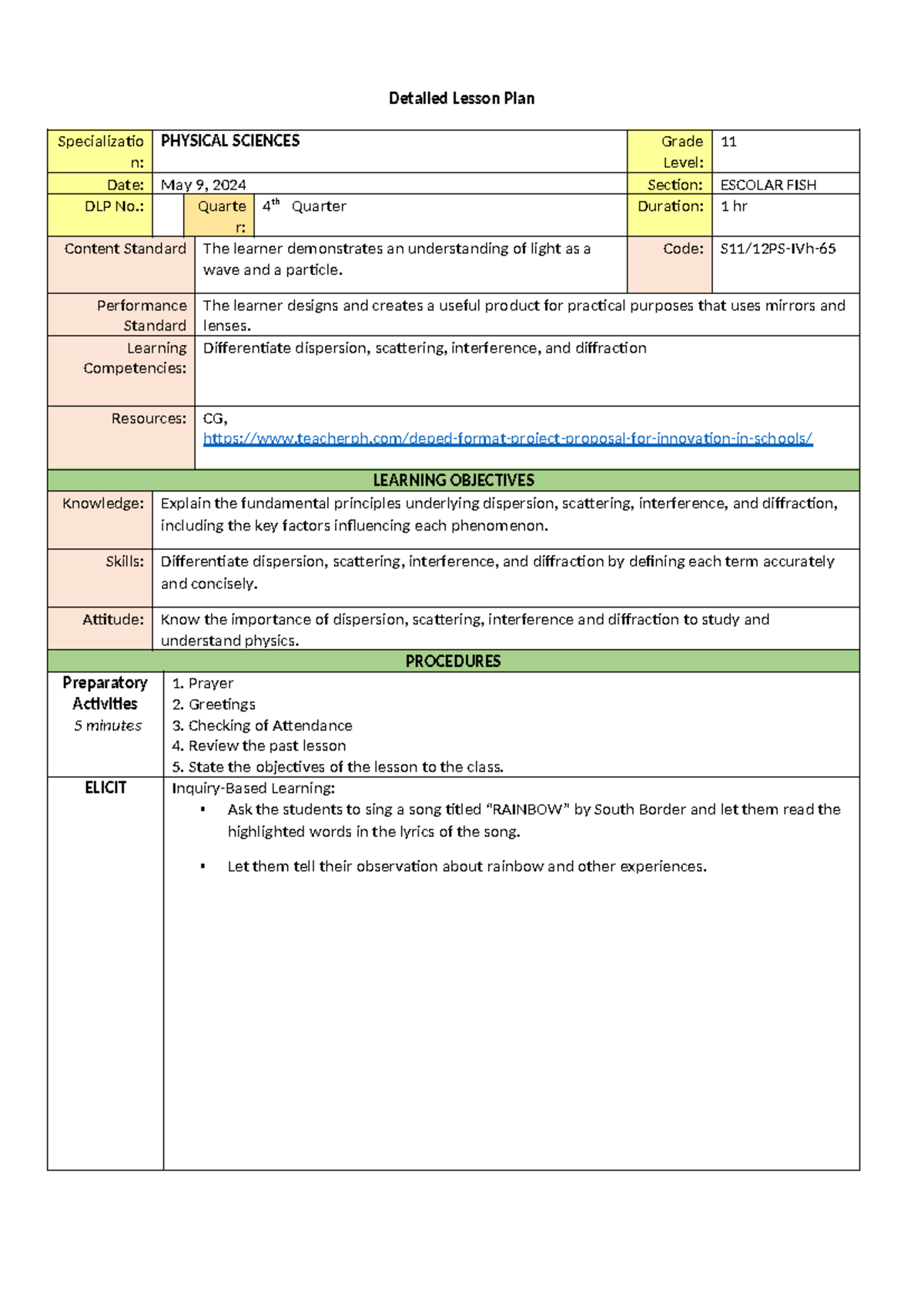 Detailed Lesson Plan: Light Phenomena in PHYSICAL SCIENCES (Grade 11 ...