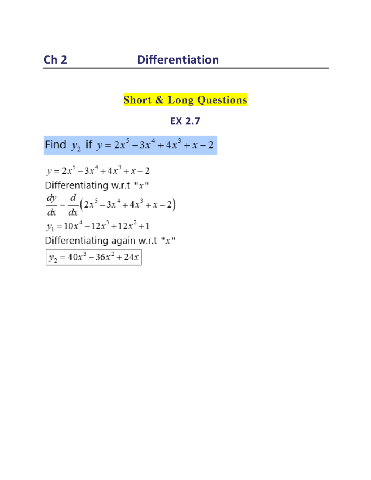 Ch 2 Differentiation Short & Long Questions - EX 2.7 Solutions - Studocu