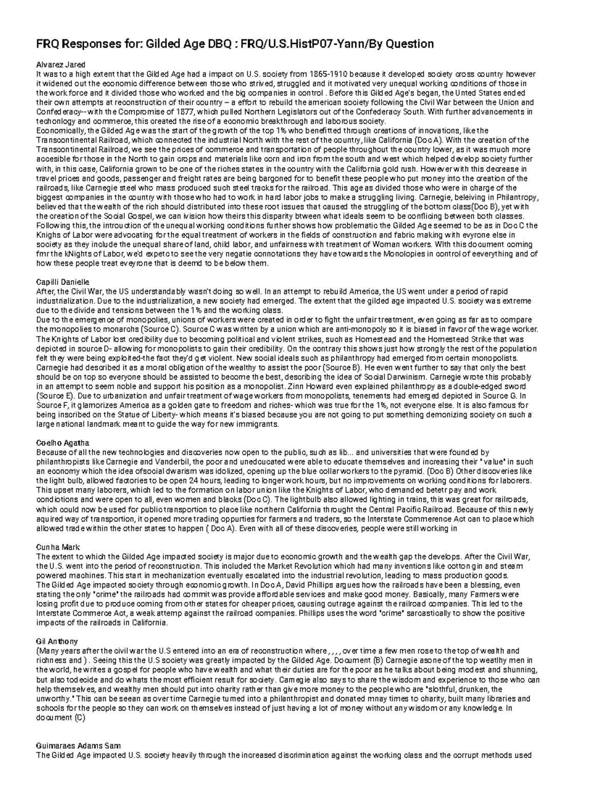 Gilded Age DBQ Responses: Analyzing Societal Impacts (7th Period) - Studocu