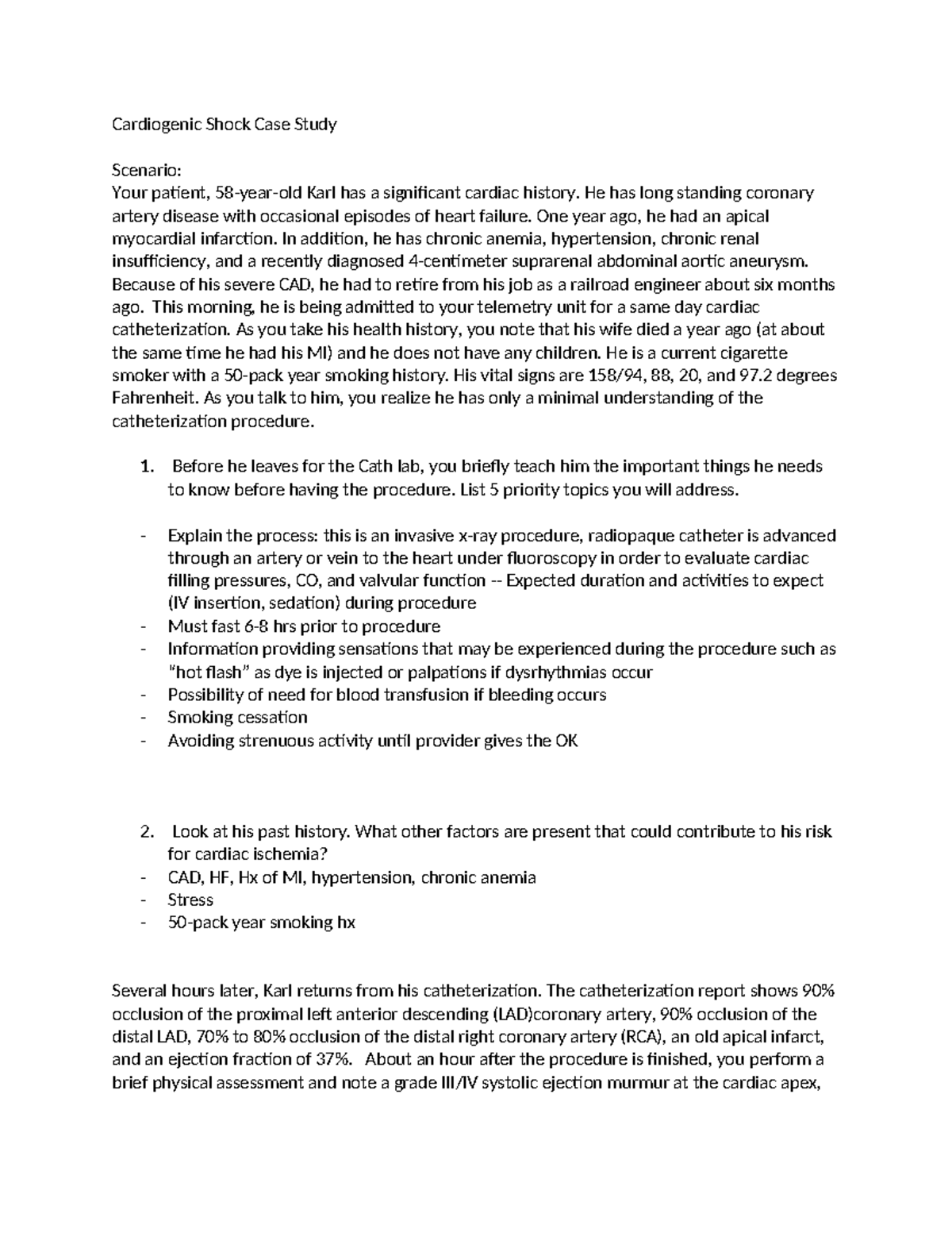 Cardiogenic Shock Case Study: Analysis and Care Management Plan - Studocu