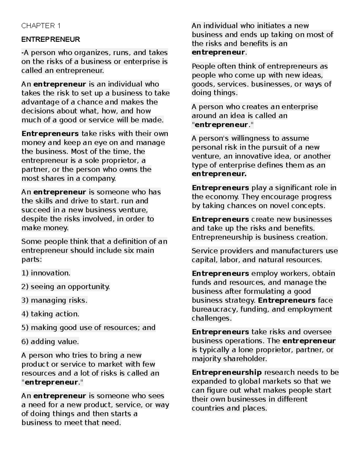 Chapter 1: Understanding the Role of Entrepreneurs in Business - Studocu