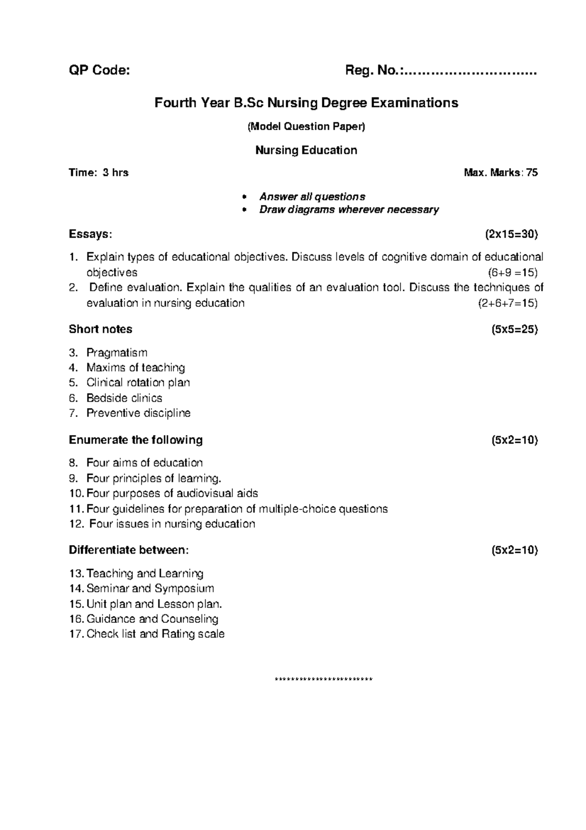 4th yr QP - Exam material - QP Code: Reg. No ...