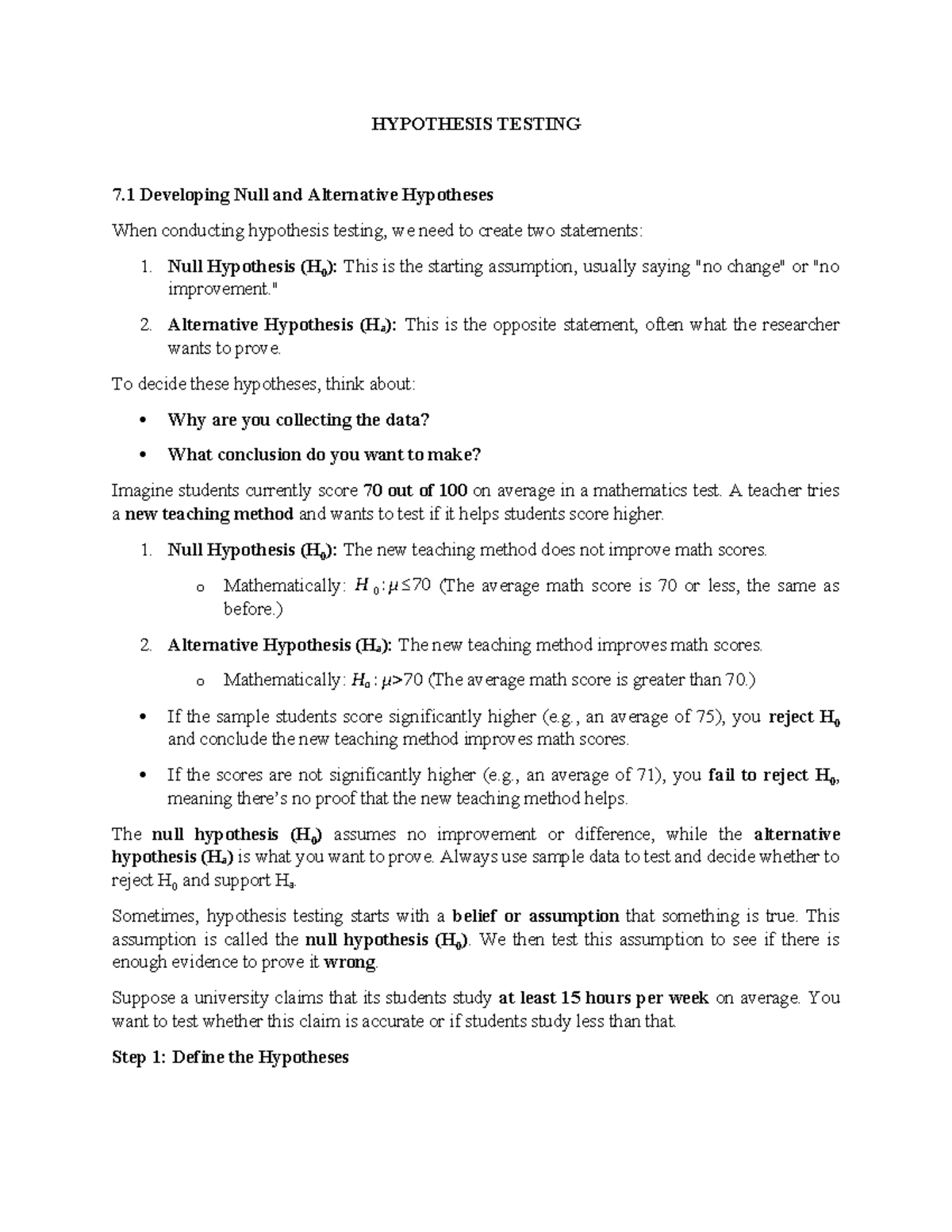 Chapter 7 (new) - Hypotensis testing - HYPOTHESIS TESTING 7 Developing ...