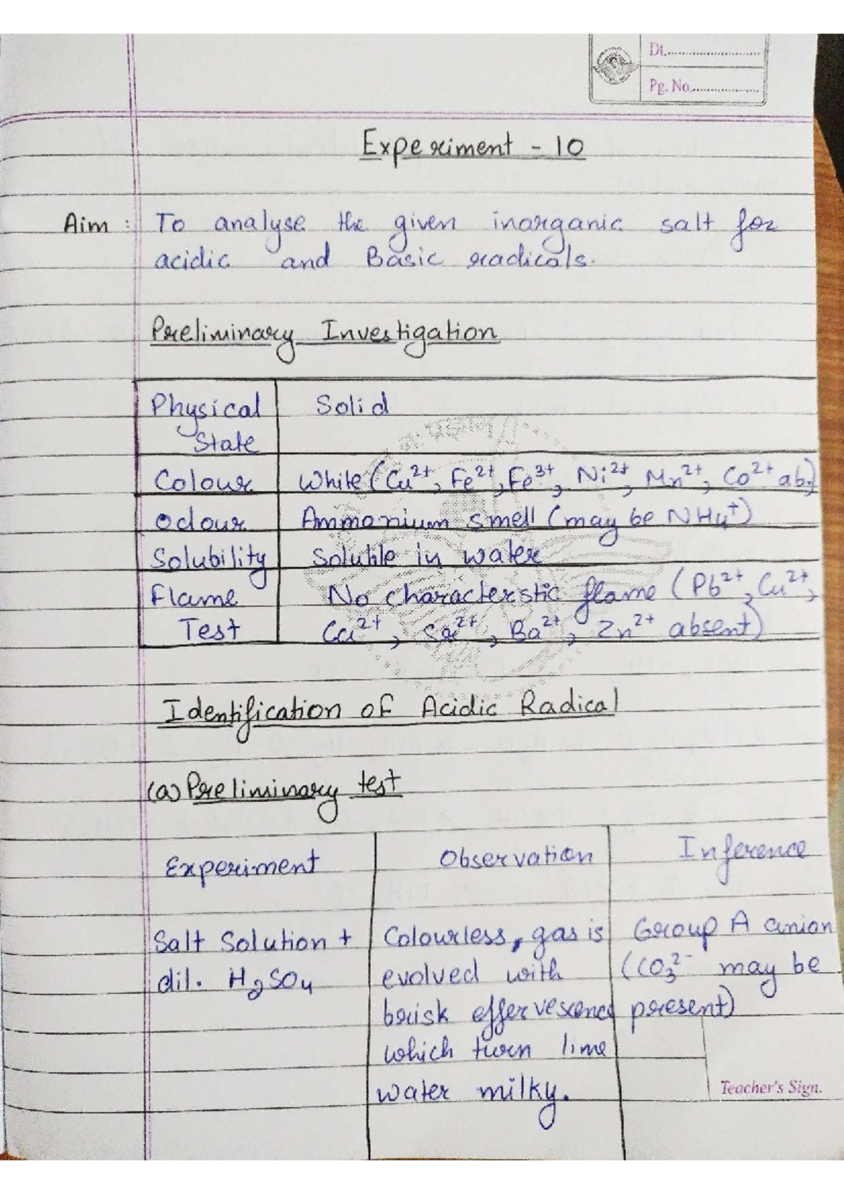 Chemistry Practical 1: Analysis of Inorganic Salt for Radicals - Studocu