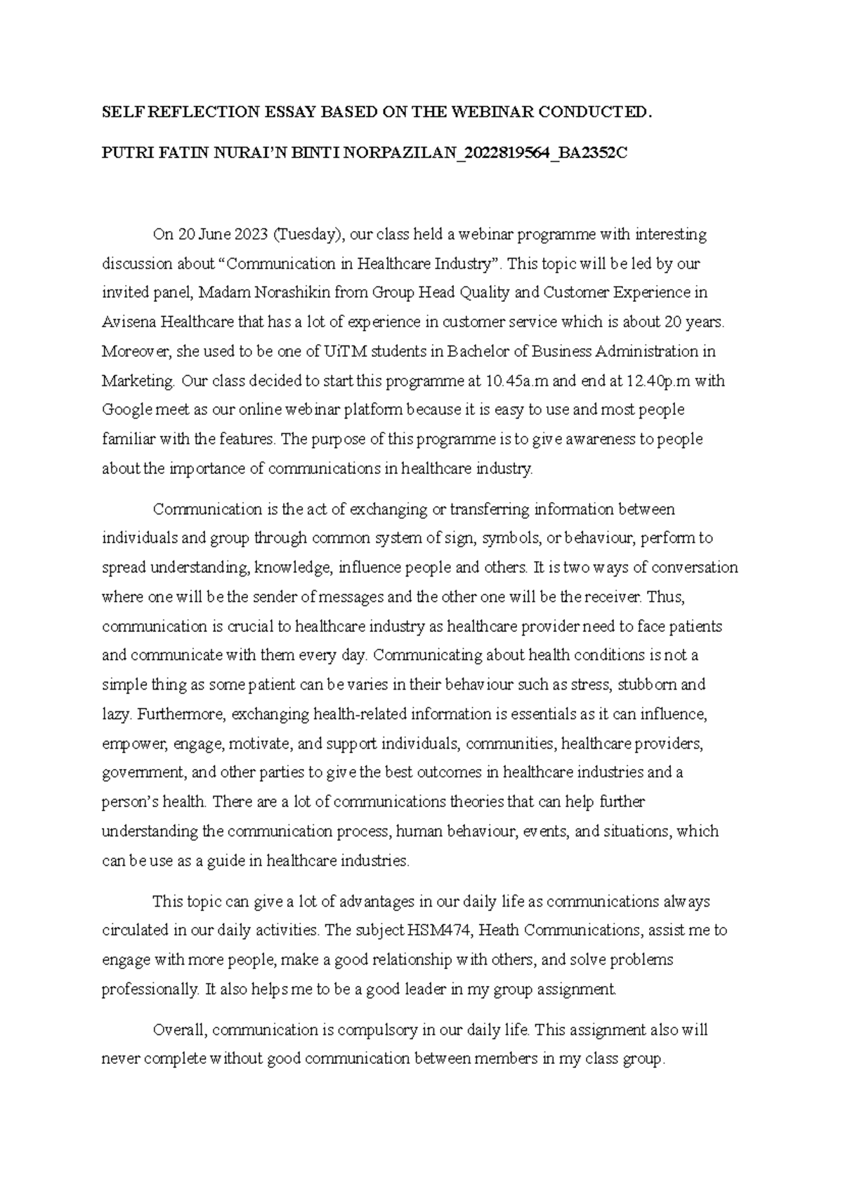 SELF Reflection HSM474 - SELF REFLECTION ESSAY BASED ON THE WEBINAR ...