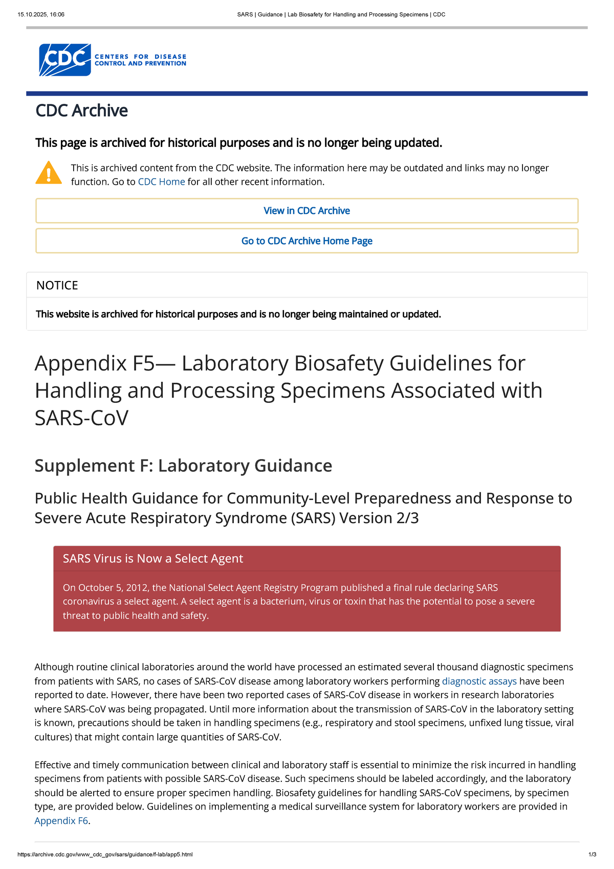 SARS Lab Biosafety Guidelines for Handling Specimens - CDC Archive ...