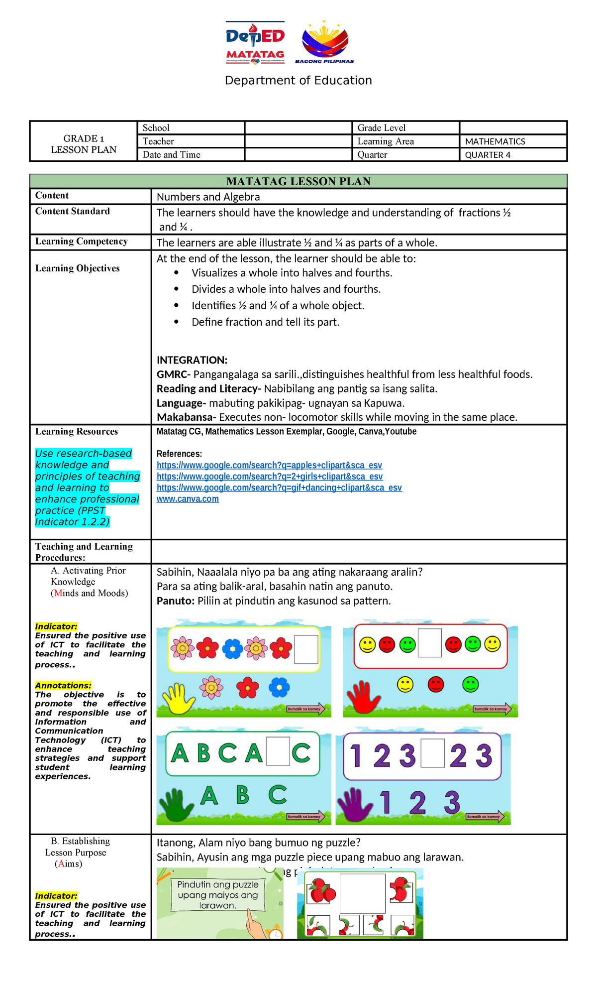 GRADE 1 MATHEMATICS QUARTER 4 LESSON PLAN: FRACTIONS - Studocu