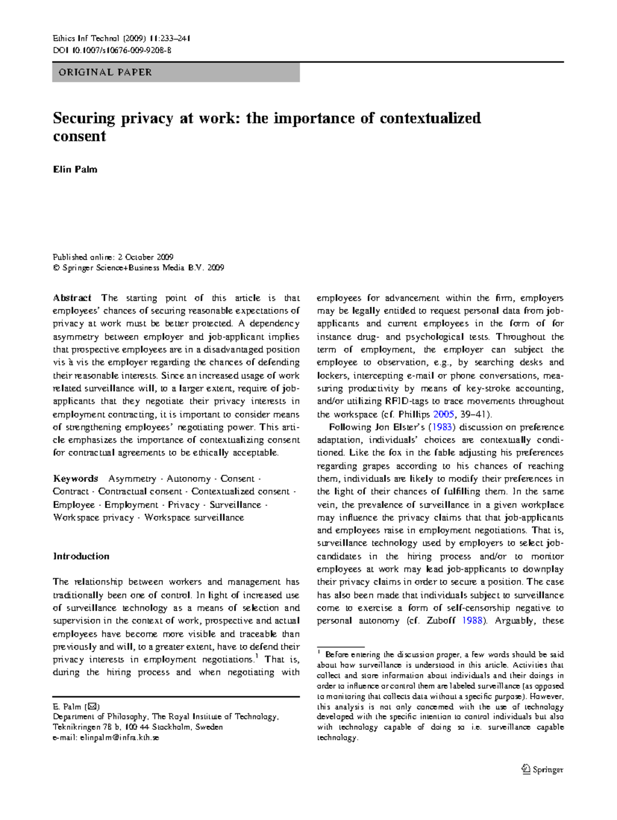 Ethics Inf Technol: Contextualized Consent & Privacy at Work - Studocu