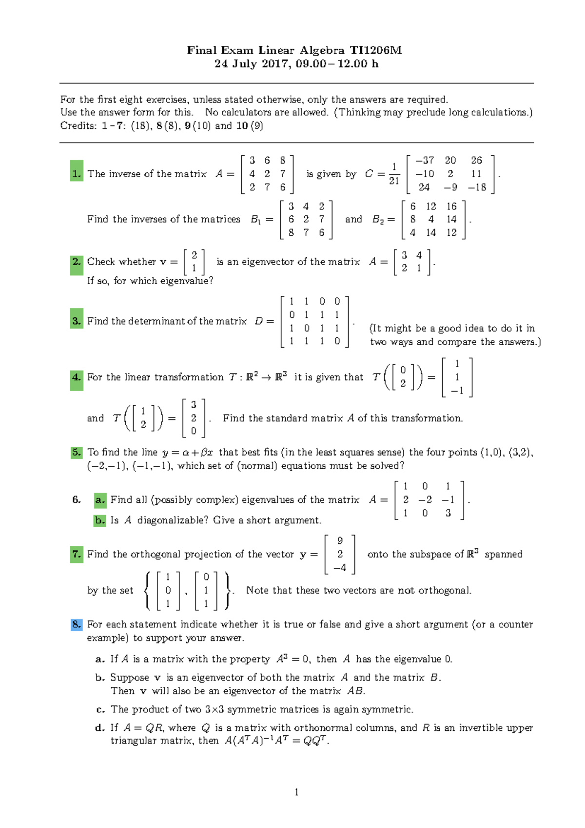 Final Exam Review: Linear Algebra TI1206M (24 July 2017) - Studeersnel