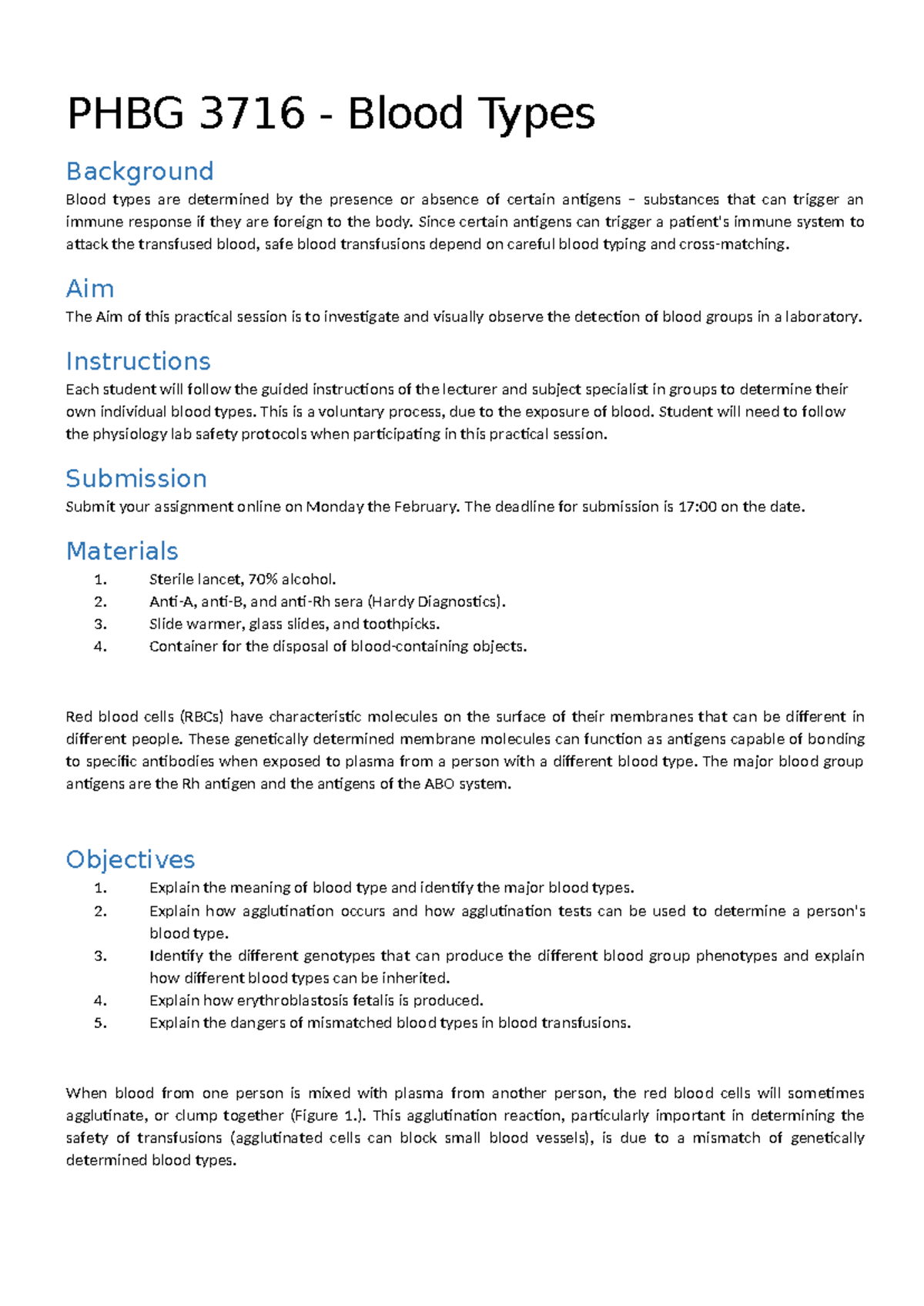 PHBG 3716 Practical 1 - Blood Typing and Agglutination Study - 2024 ...