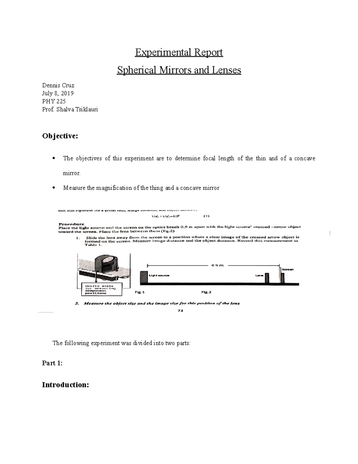 Spherical mirrors lab report - Experimental Report Spherical Mirrors ...