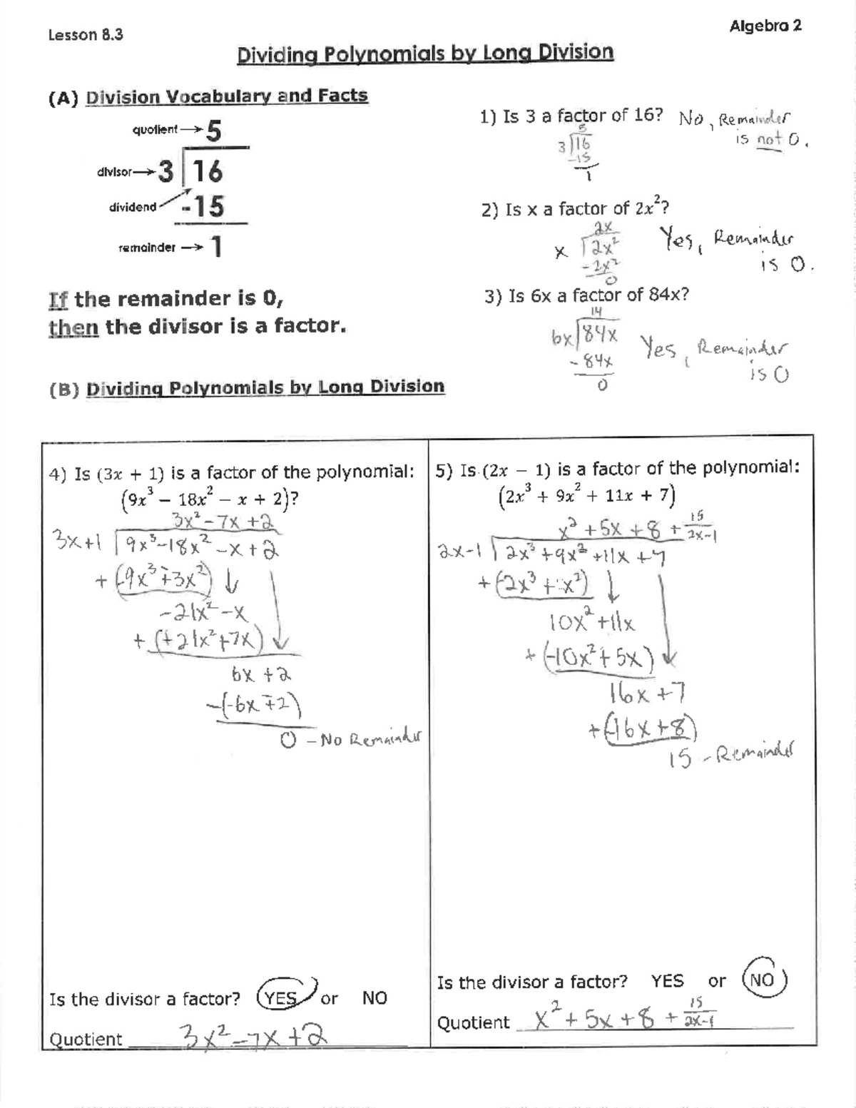 8.3 Notes Filled - Lesson 8 Algebra 2 Dividing Polynomials Long ...