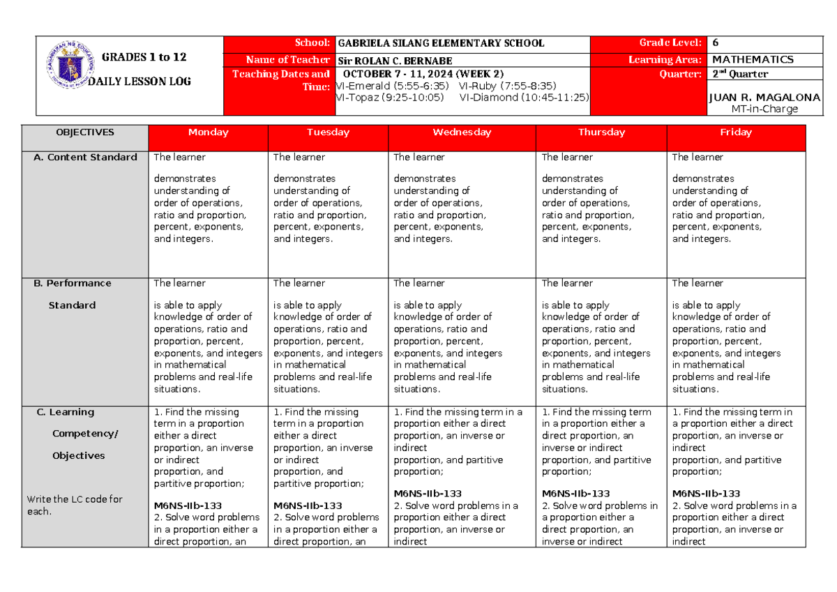 DLL Mathematics 6 Q2 W2 - DLL - GRADES 1 to 12 DAILY LESSON LOG School: GABRIELA SILANG ...