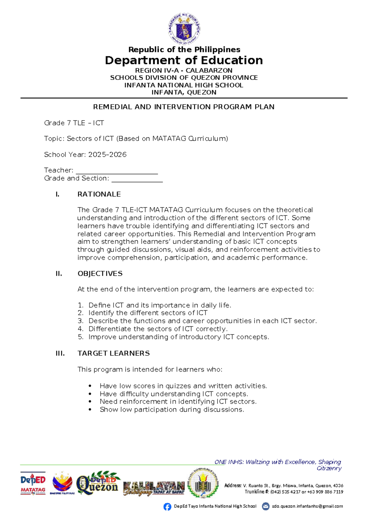 Remedial Intervention Plan for Grade 7 TLE ICT: Understanding ICT ...