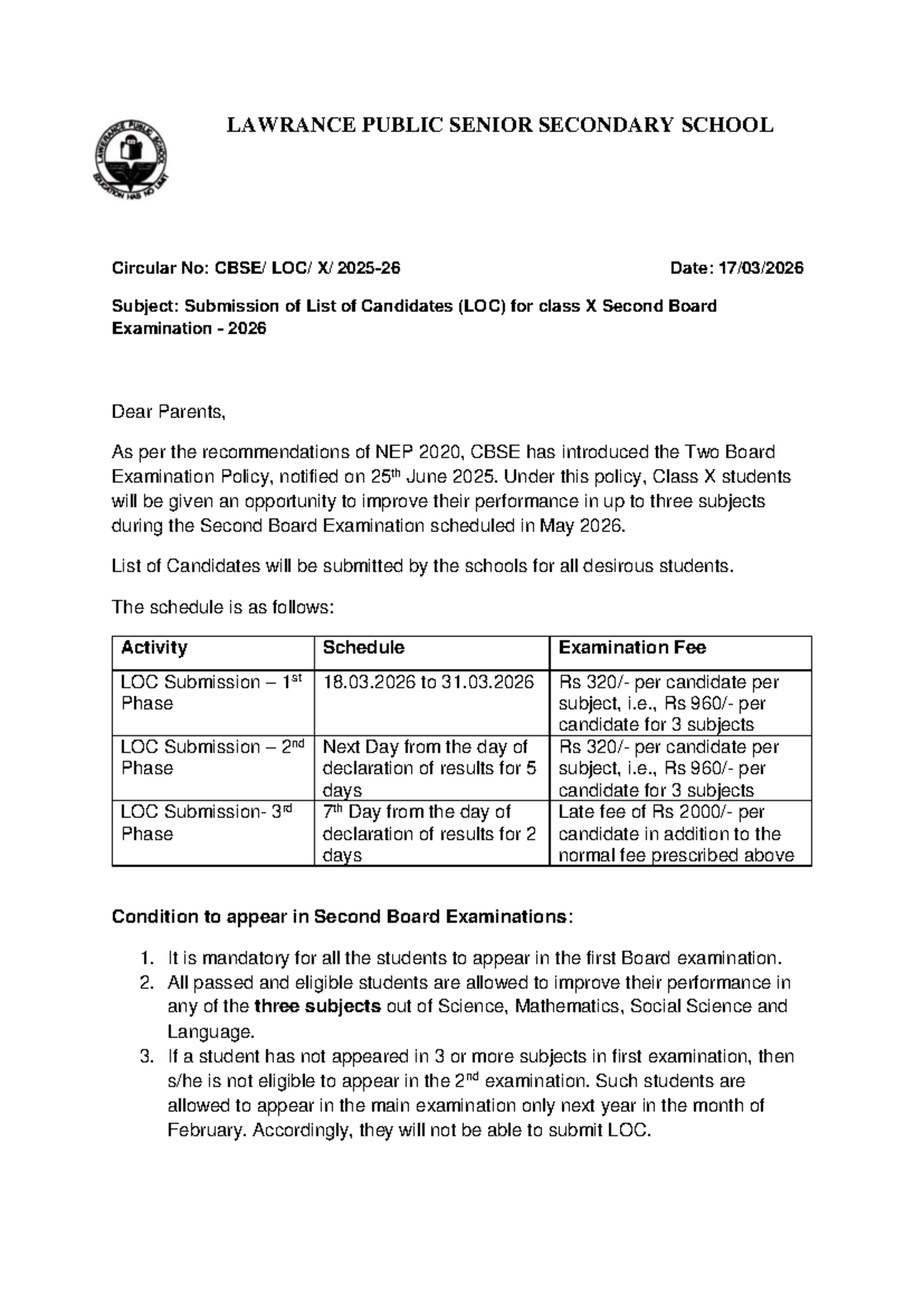 LAWRANCE PUBLIC SENIOR SECONDARY SCHOOL: Class X 2nd Board Exam LOC ...