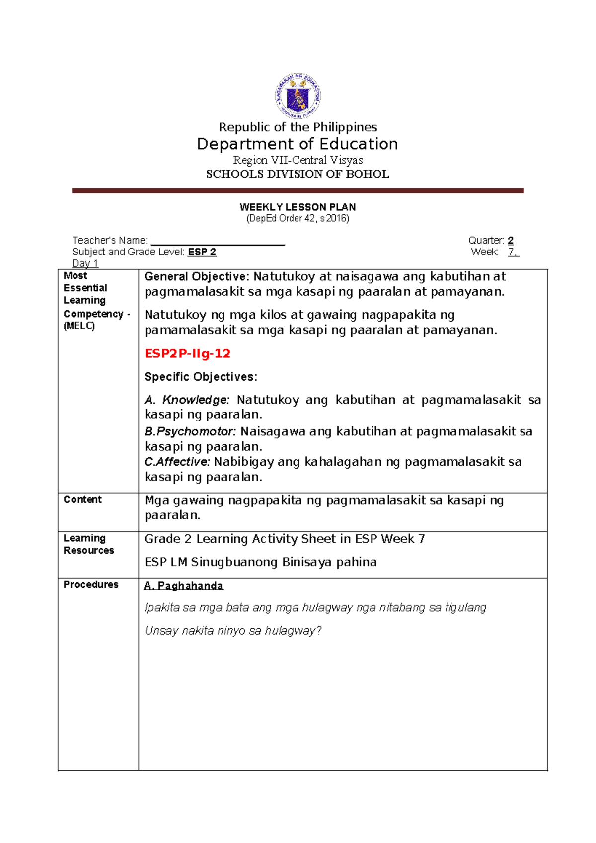 Bohol ESP2 Q2 PLP Week7 D1 - Republic of the Philippines Department of ...