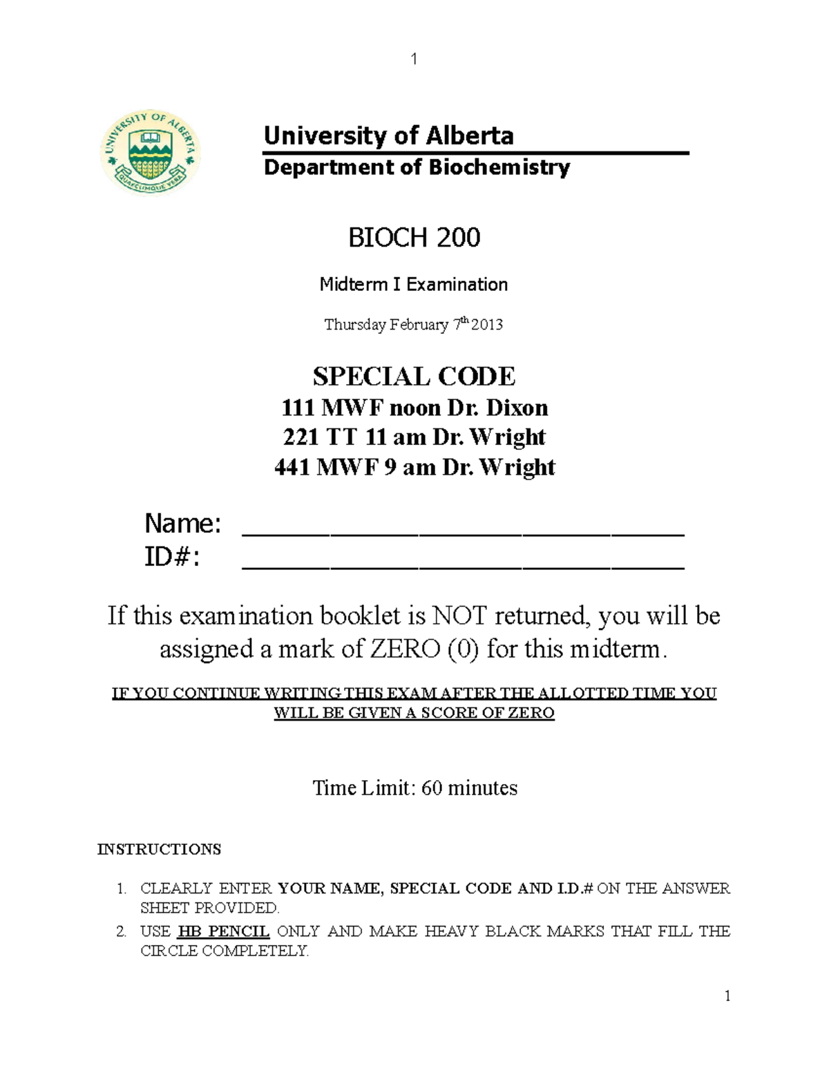 BIOCH 200 Midterm I Exam Winter 2013 - Official Document - Studocu