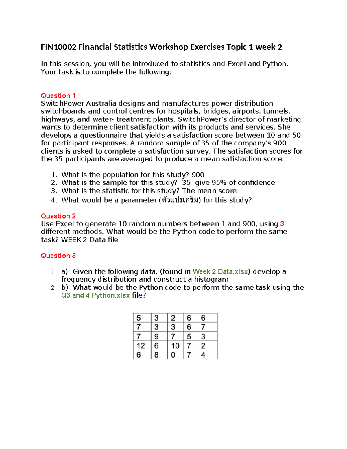 FIN10002 Financial Statistics Workshop Exercises Topic 1 week 2 - Your ...
