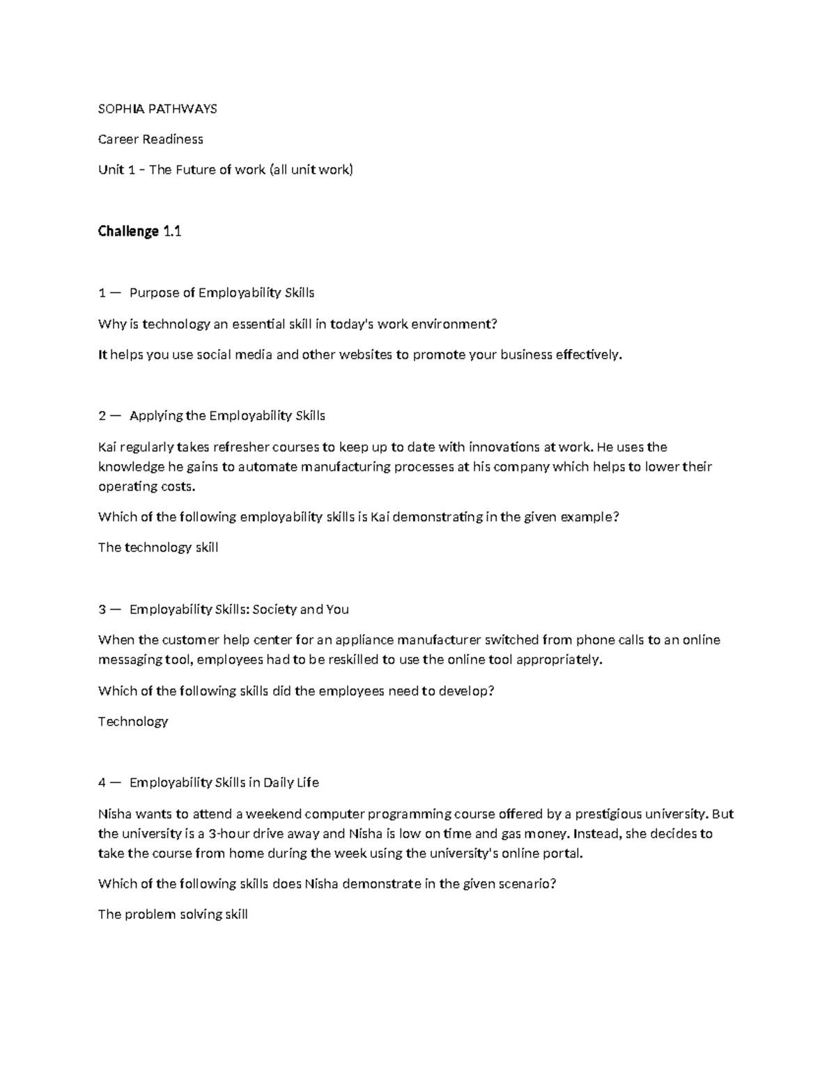 Sophia Career Readiness Unit 1: Key Q&A Insights and Skills - Studocu