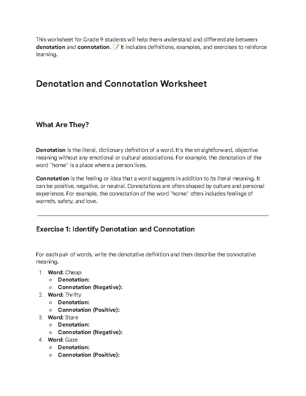 Grade 9 Denotation & Connotation Worksheet: Definitions & Exercises - Studocu