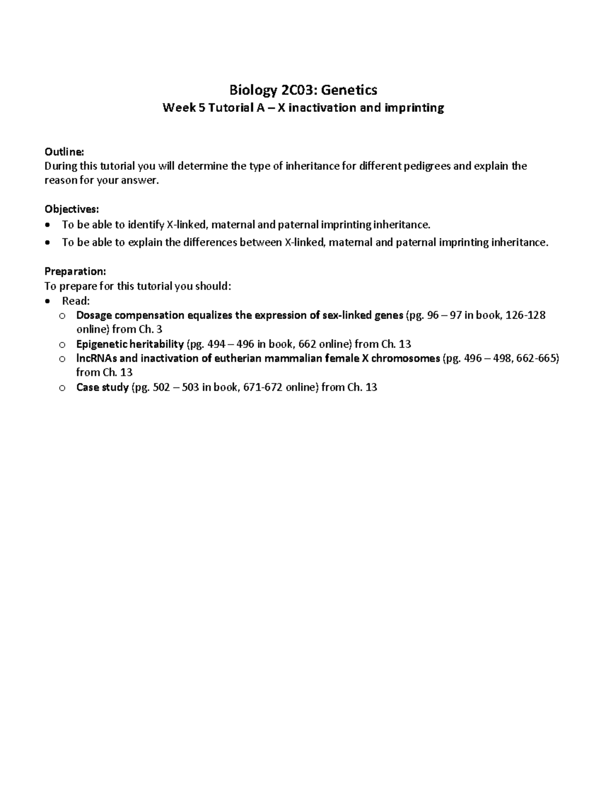 Biology 2C03: Genetics Week 5 Tutorial A - X-Inactivation & Imprinting ...