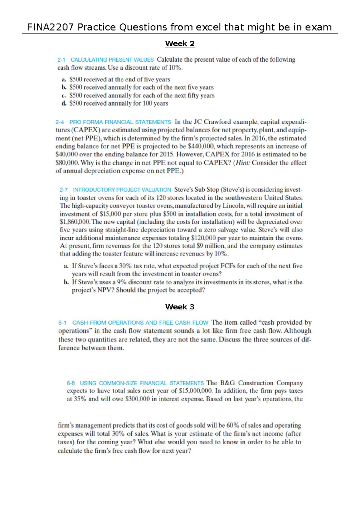 FINA2207 Practice Questions from excel that might be in exam - FINA2207 ...